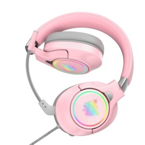 holulu foldable pink gaming headset compatible with ps5 ps4 pc mobile phone tablet xbox one(adapter not included), with detachable noise canceling mic, 3.5mm & usb c plug, for adults & kids