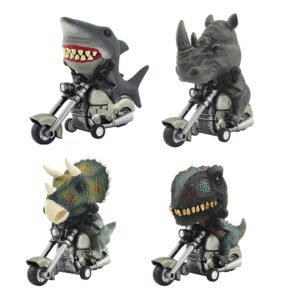 dino toys 4pcs friction powered inertia animal motorcycle toy vehicle gifts for kids boys age 3,4,5,6,7,8shark toy car ，special rhino toy ，dinosaur motorcycle game t-rex and triceratops monster.