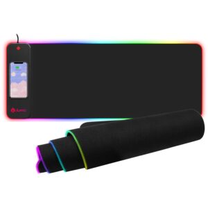 aurtec rgb gaming mouse pad with 15w fast wireless charging, extra large waterproof and non-slip rubber base mouse and keyboard mat with 10 lighting modes, for gaming, working, pc, mac.