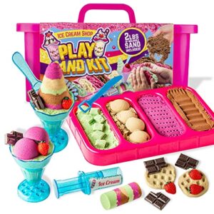 girlzone ice cream shop play sand for kids, 22pcs moldable sand kit - serving tools, glasses, spoon, decorations, stickers & 2lbs colorful sand, fun kids sensory toys, ideal easter gifts for kids