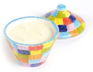 handmade italian 3 wick candle scented decorative bowl w/lid (4.25”) - hand painted soy candle wax inspired by modigliani pop collection – 40 hour burn long burn candle w/seaside garden scent