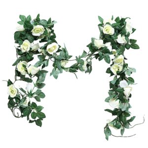 menoeceus 2 pack artificial silk rose vines garland fake flower plants arts hanging decoration for outdoor indoor home kitchen garden office wedding ceremony hotel party art decor (white)