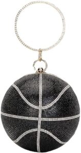 qzunique basketball crossbody purse rhinestones evening clutch women round ball handbag glitter shoulder bag for weeding party black