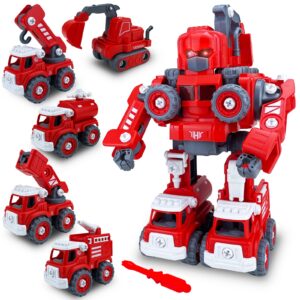 ynanimery transformation robot,5 in 1 deformation robot toy for kids, take apart robot composed of construction toy truck for boys age 4 5 6 7 8-12 year old, kids stem building gift,red