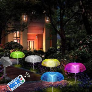 atildp upgraded solar garden lights, 5 pack solar jellyfish lights with 8 flash mode remote control, multi-color solar lights outdoor for backyard christmas party wedding birthday