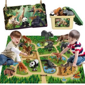 mini tudou 12 pcs safari animals figures toys w/ 57x38.6’’ large activity play mat, realistic jumbo jungle wild zoo animals figurines playset w/elephant, giraffe, lion for kids boys