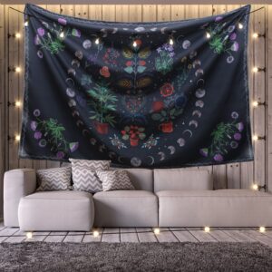 botanical moon phase tapestry,floral plants tapestry wall hanging decor moonlit garden wall hanging decor mysterious tapestry present art wall hanging for home decor, 39.4 x 59.1 inches