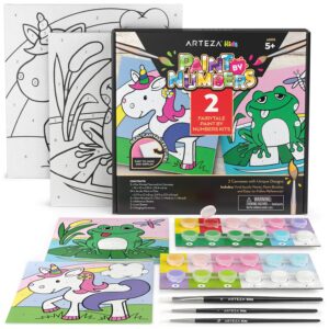 arteza kids paint by numbers kit, 10" x 10", pre-printed fairytale canvas painting kit with 2 canvases, 24 acrylic paint pots, 3 paintbrushes, art supplies for developing hand-eye coordination, frog