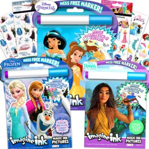 classic princess magic ink coloring super set - 3 books featuring disney princesses, frozen, and raya the last dragon with invisible pens, stickers