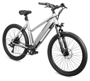 schwinn marshall electric hybrid bike for adults, small/medium step-thru aluminum frame, 250w motor, 7 speed, 27.5-inch wheels, gloss grey