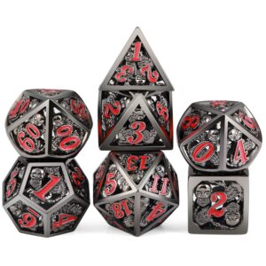 oversize skull hollow dnd metal dice set, dndnd 25mm hollow copper die set with gift metal case for dungeons and dragon halloween (black with red number)