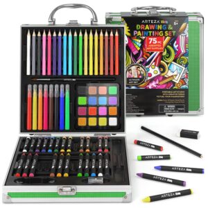 arteza kids painting & drawing kit, 75-piece bundle, 18 mini colored pencils, 16 watercolor paints, 14 oil pastels, 14 crayons