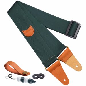 nefelibata guitar strap, nylon full grain leather ends guitar straps with pick pocket for bass, electric & acoustic guitar, come with free strap button, 1 pair strap locks and 4 guitar picks(green)