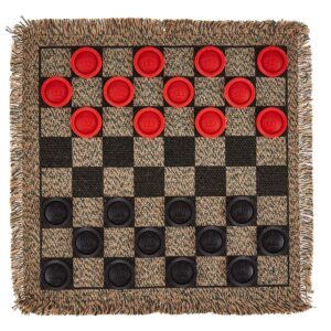 3-in-1 mini checkers rug + classic & mega tic tac toe - portable compact 12" x 12" reversible checkerboard rug - travel, parties, games on the go, family board game night