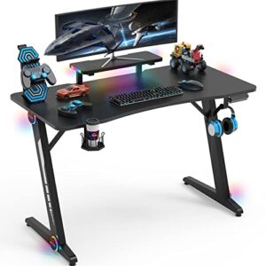 joy worker rgb gaming desk 47 inch with led lights, music sync computer gamer desk, carbon fiber surface pc gaming desk with monitor stand, ergonomic z shaped gaming table with plug board holder,black