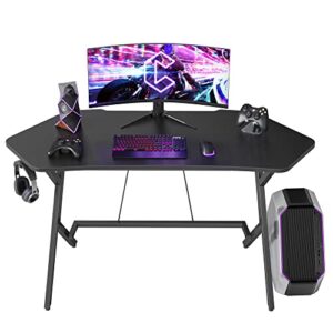 cubicubi luna gaming desk 47 inch gamer workstation, home computer carbon fiber surface gaming desk pc table with cable tray and headphone hook