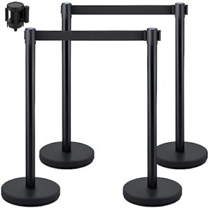 vevor crowd control stanchion set, stanchion set with 6.6 ft/2 m black retractable belt, black crowd control barrier w/concrete and metal base - easy connect assembly (4)