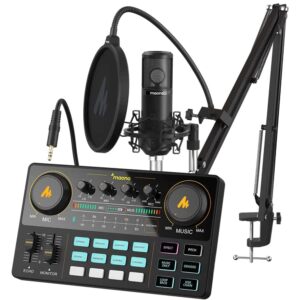 maono podcast equipment bundle audio mixer all-in-one podcast production studio with 3.5mm microphone for live streaming, podcast recording, pc, smartphone, dj maonocaster lite (au-am200-s6 black)