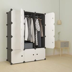 jkway diy 12 cube storage organizer with doors, portable closet wardrobe 14 in x18 depth cubes clothes organizer, cabinet book shelf for bedroom, , office, dorm room (black/white), (42 x56 )