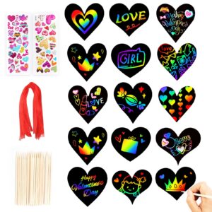 28 pieces valentines crafts for kids,rainbow scratch paper ornaments,heart shape scratch craft art kit for class valentines diy art activity,school valentines day gifts for kids