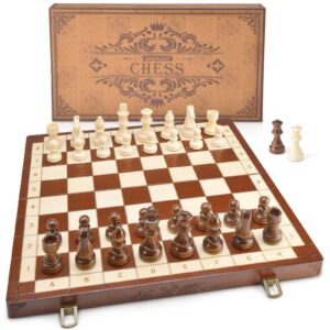 amerous 15'' wooden chess set with upgraded weighted chess pieces - 2 extra queen - folding board - instructions - gift package - chessmen storage slots, classic chess board game for kids, adults