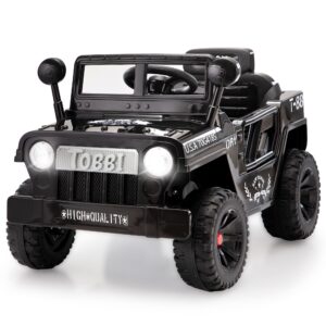 tobbi 12v off-road kids ride on car truck, battery powered 4 wheels ride on toys for boys and girls aged 2-6 years w/horn, led lights, portable pull rod, double open doors, green