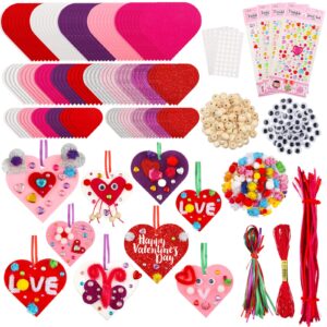 400 pieces diy valentines heart craft set diy felt heart/owl craft supplies assorted heart shapes felt with pom poms cleaners googly eyes for valentines party favor decoration (heart)