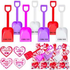 mgparty 24 pack valentines day plastic toy shovels with cards, i dig you stickers, gifts bags valentines day classroom gift exchange supplies party favors for kids