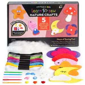 arteza kids hand sewing kit, 5 learn to sew plush nature crafts, 50 pieces, pre-cut felt shapes, plastic needles, plush fill, buttons, and thread, kids’ craft supplies with instruction guide