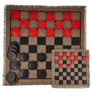 giant & mini checkers rugs bundle - 2 reversible checkerboard rugs with 3-in-1 checkers + classic & mega tic tac toe - 26" x 26" & 12" x 12" rugs for travel, parties, & family board game nights