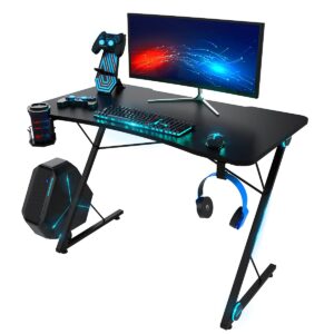 joy worker gaming desk with led lights, 43 inch z-shaped gaming computer desk, carbon fiber surface home office game table with handle rack, cup holder and headphone hook, black