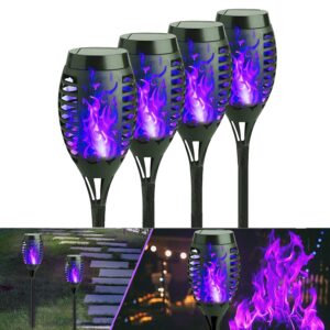 aogfv solar light outdoor 4 pack landscape path lights outdoor waterproof decorations lights with purple flickering flame outdoor decor for garden, lane, patio