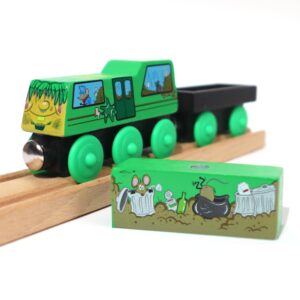 wooden garbage truck toy - trashy terry - zany trains series 1 - wooden train set with cargo - compatible with all wooden train sets - wooden toddler recycling vehicle - gross trash train