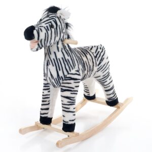 zebra rocking horse – plush safari animal body and seat with wooden rocker base and handles for ages 3 and up by happy trails, black & white