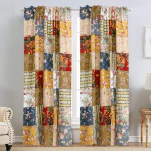 cozy line home fashions ryleigh country garden fall flowers paisley plaid patchwork window curtains with tie backs set, 84" x 52", 2 panels