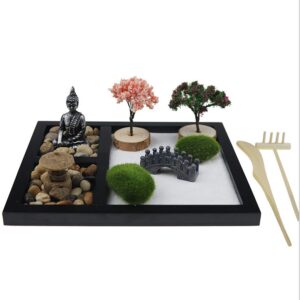 japanese zen garden desk with rake, stand, white sand artificial bonsai tree, rock and mini buddha statue. meditation zen gift kit, home desk accessories-meditation gift