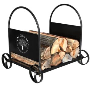 art-giftree firewood rack indoor decorative small fireplace log holder with wheels, iron firewood carriers for inside/outdoor, heavy duty logs storage stand for fire pit stove accessories - family