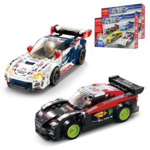 gudi speed champion race car building kit for boys 6-12, pack of 2 stem building toys with driver minifigures and racing sticker, easy assemble ghost and knight car building blocks set