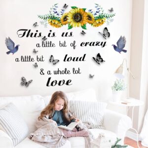 sunflower wall stickers with 3d butterfly, family inspirational quote wall decals, removable garden flowers plant wallpaper decor, diy art murals for bedroom nursery kitchen home kids living room