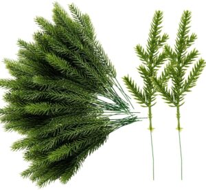 alpurple 100 packs artificial pine needles branches garland-6.7x2.0 inch green plants pine needles-fake greenery pine picks for christmas wedding party home garden fireplace décor(100pcs)