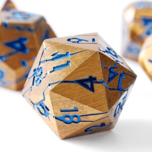 dnd metal dice - pharaoh ruins gold with blue cracks - polyhedral dice set for d&d, rpg and more - beautifully detailed for dungeons and dragons