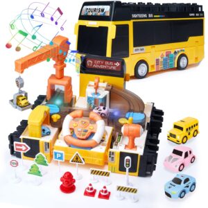 itcaoseklu race track car adventure bus toys, tranforming bus with sound and light simulation steering wheel,vehicle toy gift for 3 4 5 6 7 8 year old kids boys girls, yellow