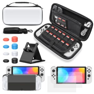 16 in 1 accessories bundle compatible with nintendo switch oled - carrying bag with card slots, tempered glass screen protector, pc protective case cover, kickstand & thumb grip caps for oled, white