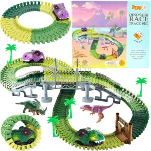 toyli dinosaur race track set 182 pieces, dino track flexible dinosaur road race playset with bridge, ramps, dinosaur track toy set is a great 3 year old boy gift.