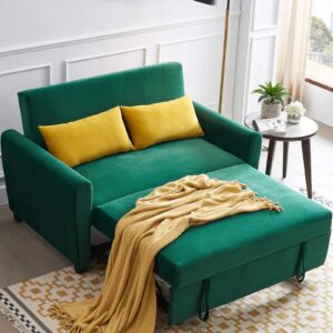 couch with pull out bed, sleeper couch small velvet sofa with 2 seats sofa and reversible chaise, for living room bedroom small space, 2 lumbar pillows, compact, green