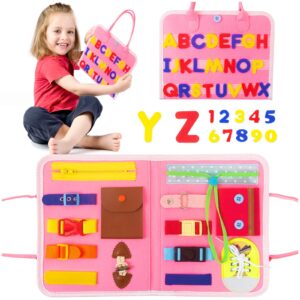 busy board montessori toy for 1 2 3 4 year old toddlers sensory activity board for basic dress fine motor skills travel toys with handle for kids car rides air plane travel preschool play(pink)