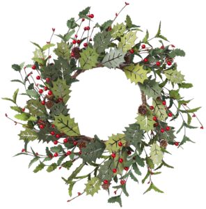 20" christmas wreath,winter wreath holly leaves,red berry and pine cones,christmas wreath for front door,winter door wreath for outdoor indoor for garden kitchen home winter decor (green holly leave)