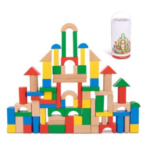 tookyland 100 pieces wooden building blocks, shape sorting stacking toy for kids with storage bucket, montessori toys for 1 2 3 year old girls boys