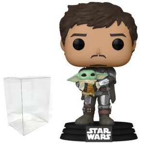 funko pop bundle - 1 star wars: the mandalorian - mandalorian (din djarrin) holding the child (grogu) vinyl figure with pet plastic box protecter