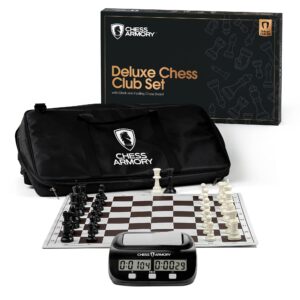 chess armory deluxe foldable chess set w/chess board, chess clock and carrying bag - a mobile tournament chess set with clock & weighted chess pieces- play anywhere w/chess armory outdoor chess set.